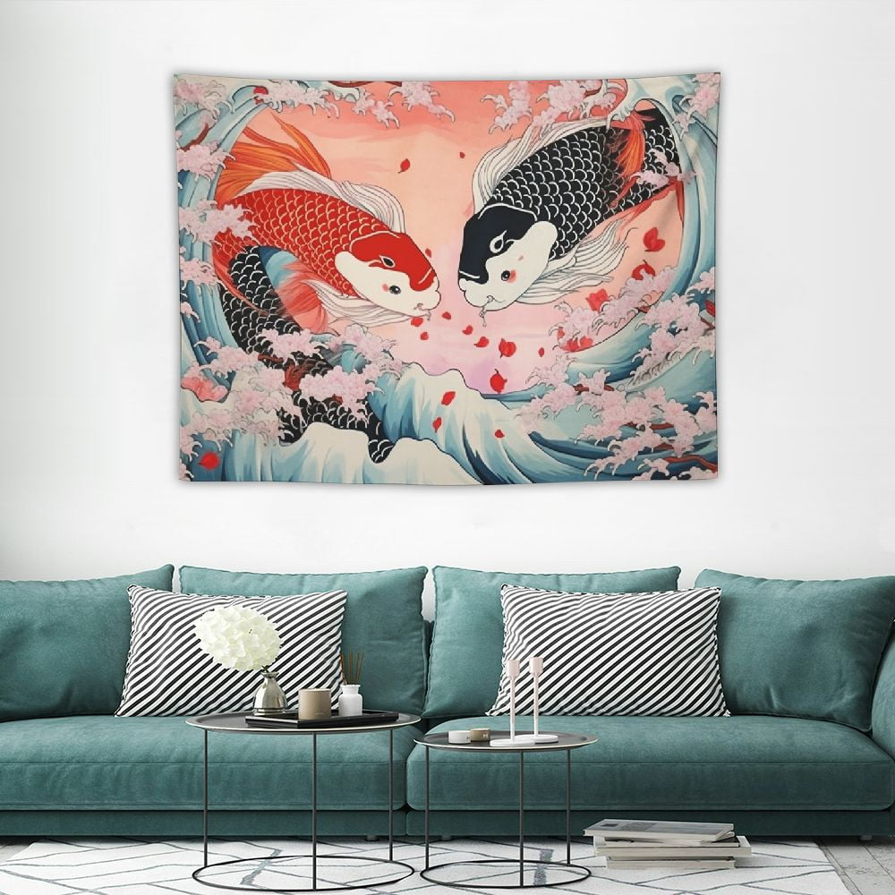 ONETECH Japanese Tapestry Ocean Wave Tapestry, Yin Yang Koi Fish on ...