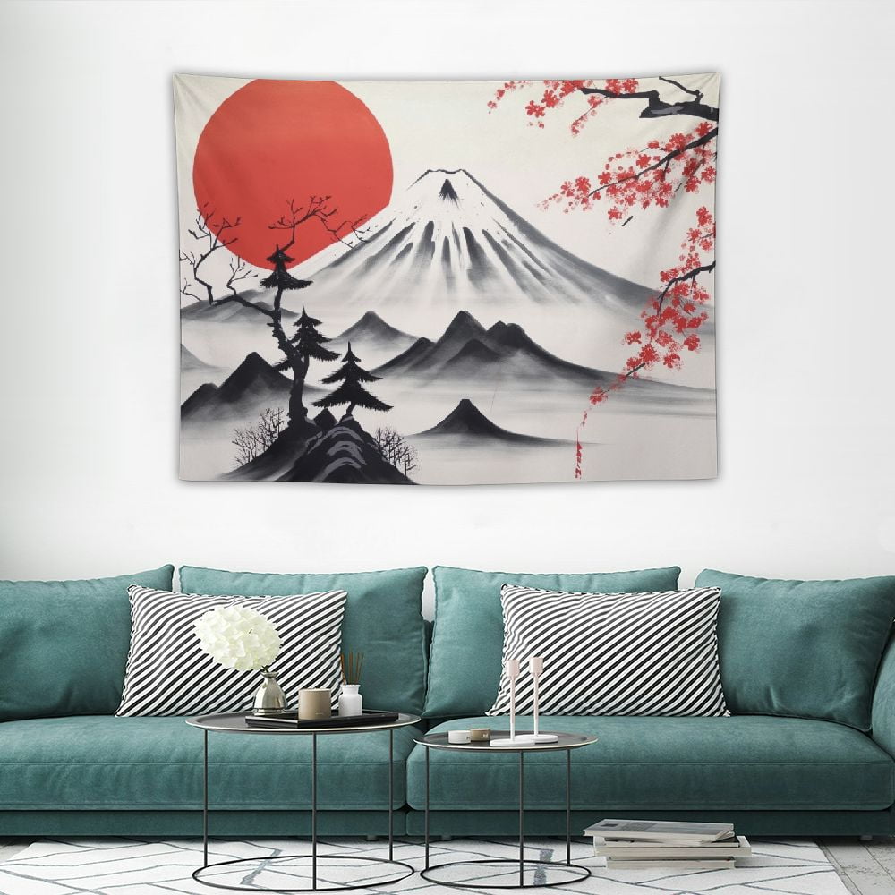 ONETECH Japanese Wall Hanging Photo Banner Asian Mount Fuji Red Sun ...