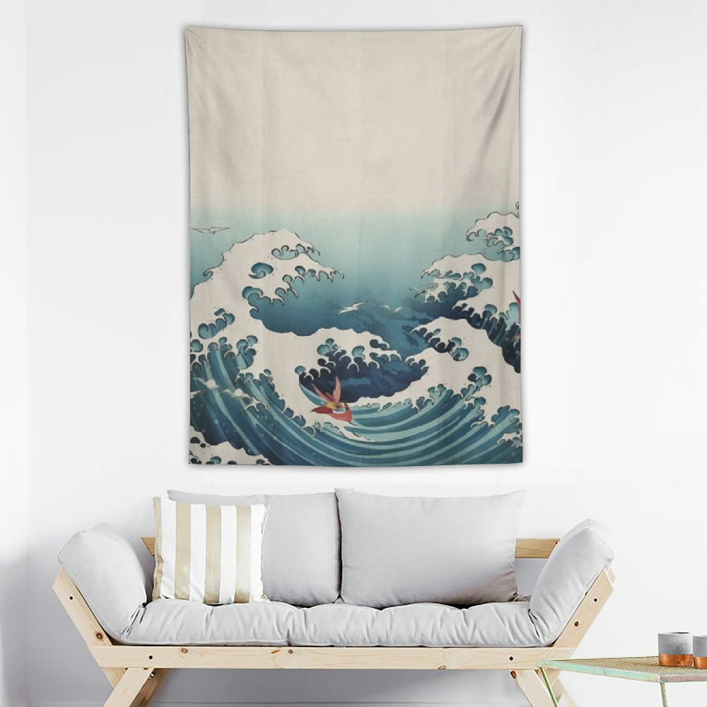 ONETECH Japanese Wave Tapestry, Aquatic Swirls Birds of Ocean Ukiyo-e ...