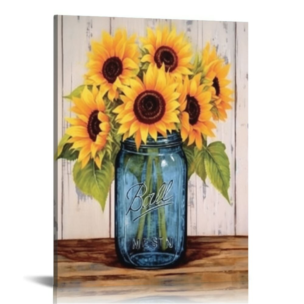 ONETECH Jar Flower Wall Art Mason Jar Vase Wall Art Print Sunflower Canvas Wall Art Rustic ...