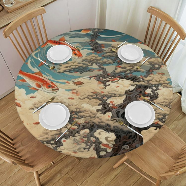 ONETECH Koi Fish Cherry Blossom Round Tablecloth 100% Polyester Table ...