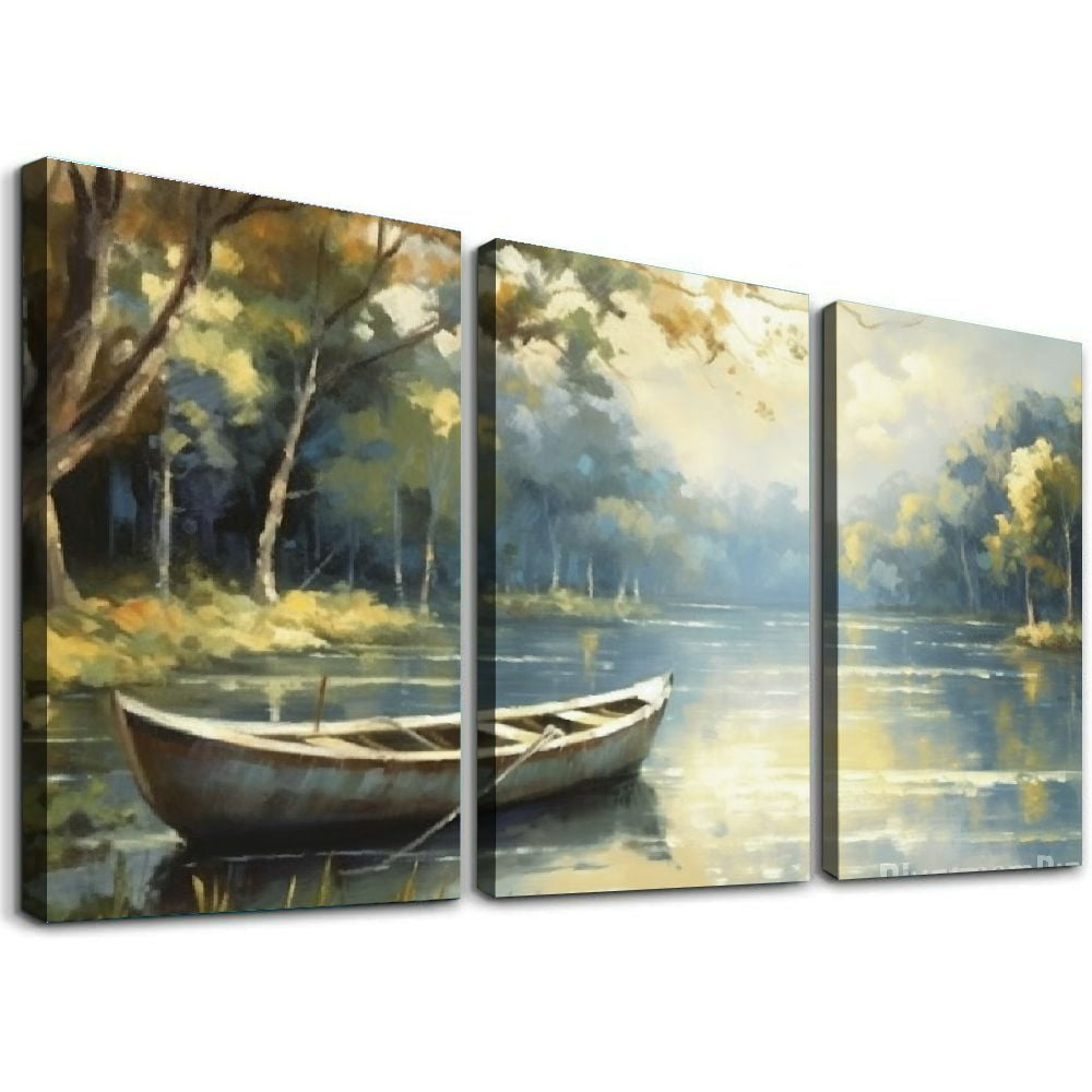 ONETECH Lake Landscape Wall Art Canvas: Abstract Nature Boats Scene ...