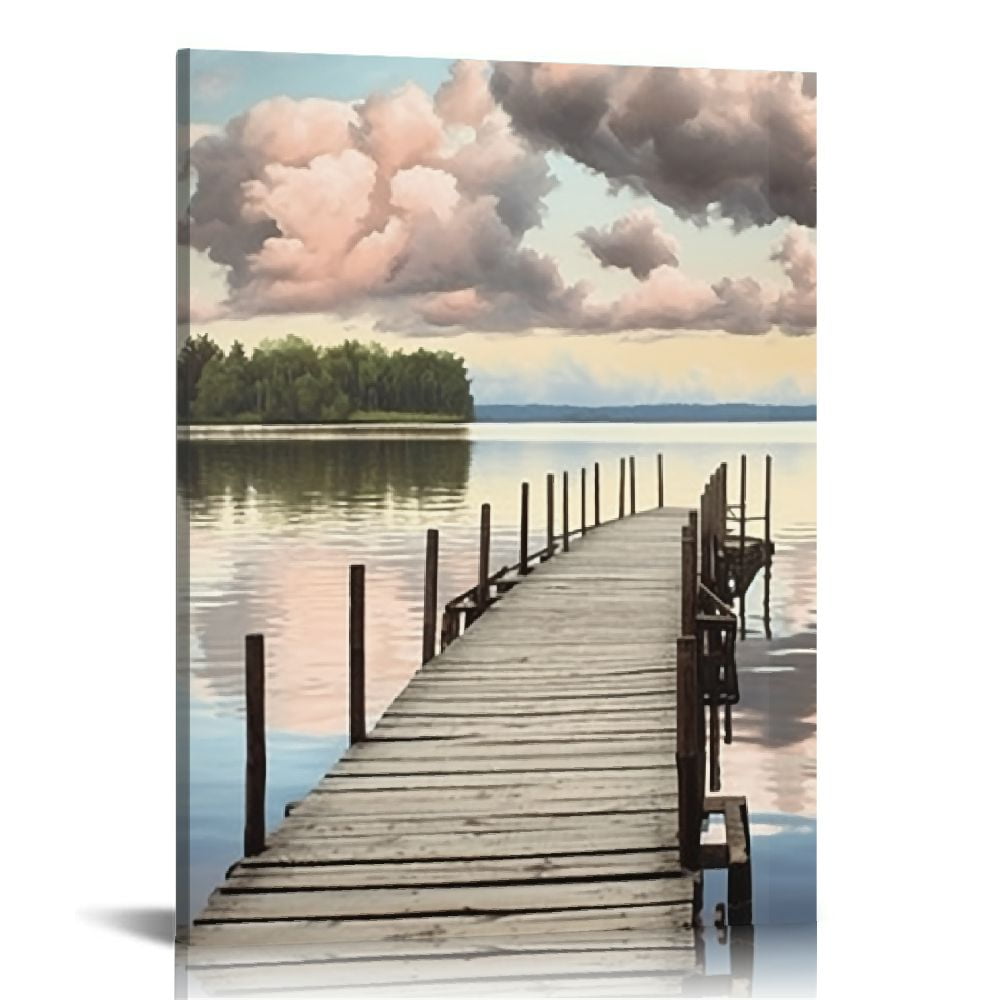 ONETECH Lake Scene Wall Art Pictures Boat Pier Artwork Mountain Forest ...