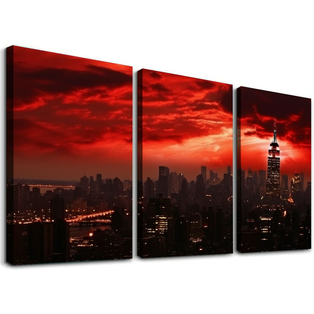 ONETECH Large Black Red City Night Wall Art New York Skyline Canvas Empire State Building ...