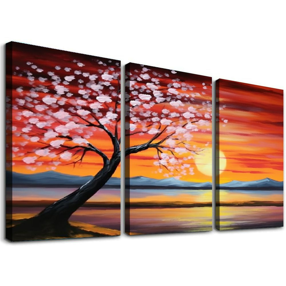 ONETECH Large Flowers Wall Art Pink Blossom Pictures Bedroom Wall Decor Tree Sunset Canvas ...