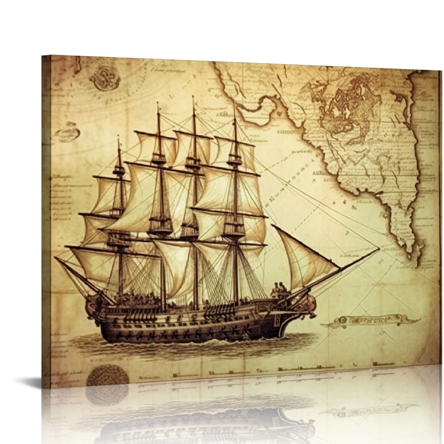 ONETECH Large Old World Map Sailing Map Painting Canvas Print Nautical ...