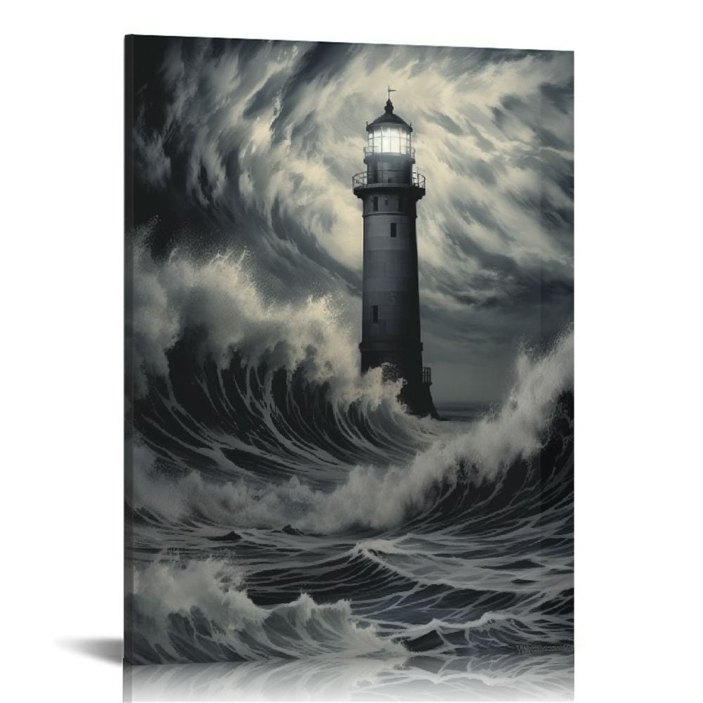 ONETECH Lighthouse in a storm, black and white, tsunami waves, framed ...