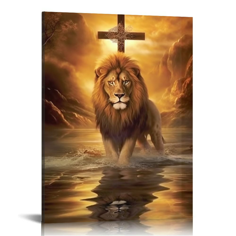 ONETECH Lion And Lamb Wall Art Vintage Framed Artwork Lion Of Judah ...