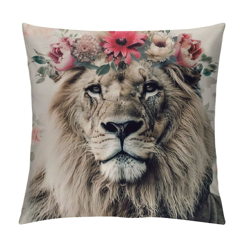 ONETECH Lion Throw Pillow Covers Adorable Animal with Beautiful Flower ...