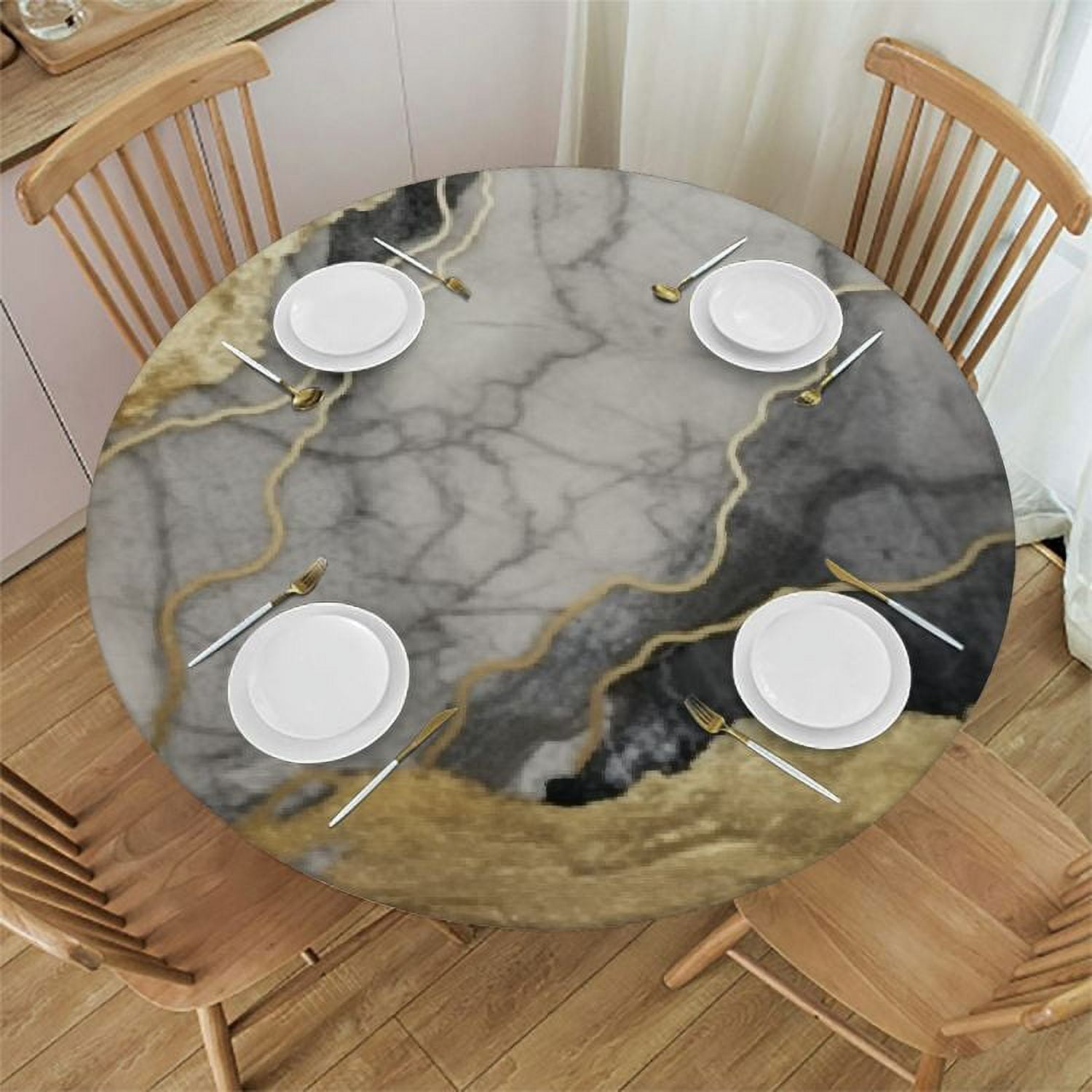 ONETECH Marble Texture Fitted Tablecloth Round with Elastic Edged, Gold ...
