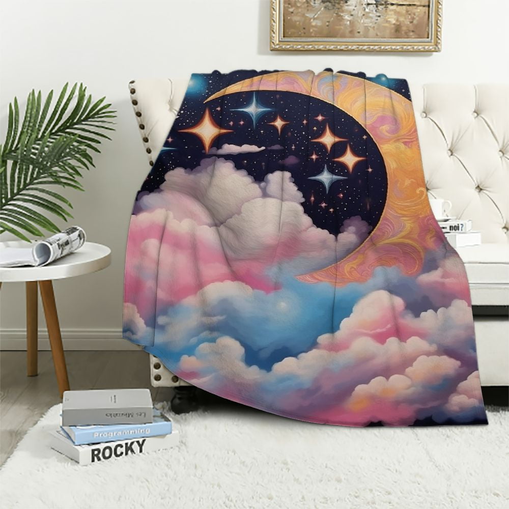 ONETECH Moon Blanket for Kids, Moon with Colorful Rainbow Clouds and ...