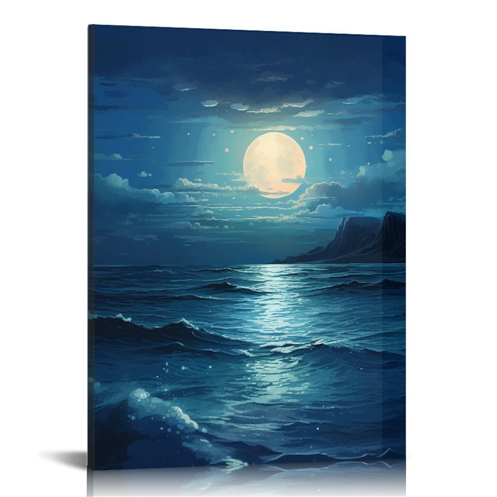 ONETECH Moon Painting Canvas Wall Art - Bright Moonrise On Sea Ocean ...