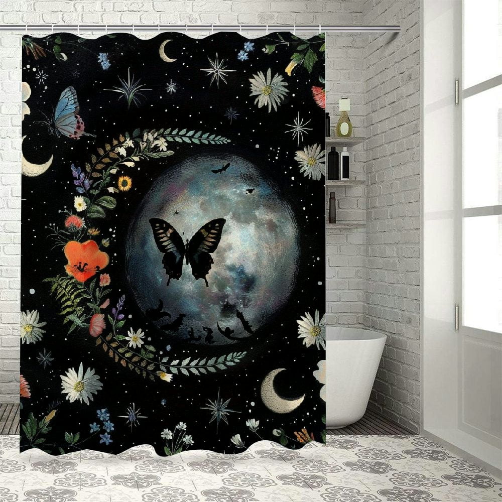 Onetech Moon Phase Shower Curtain Moonlit Floral Butterfly Boho Black