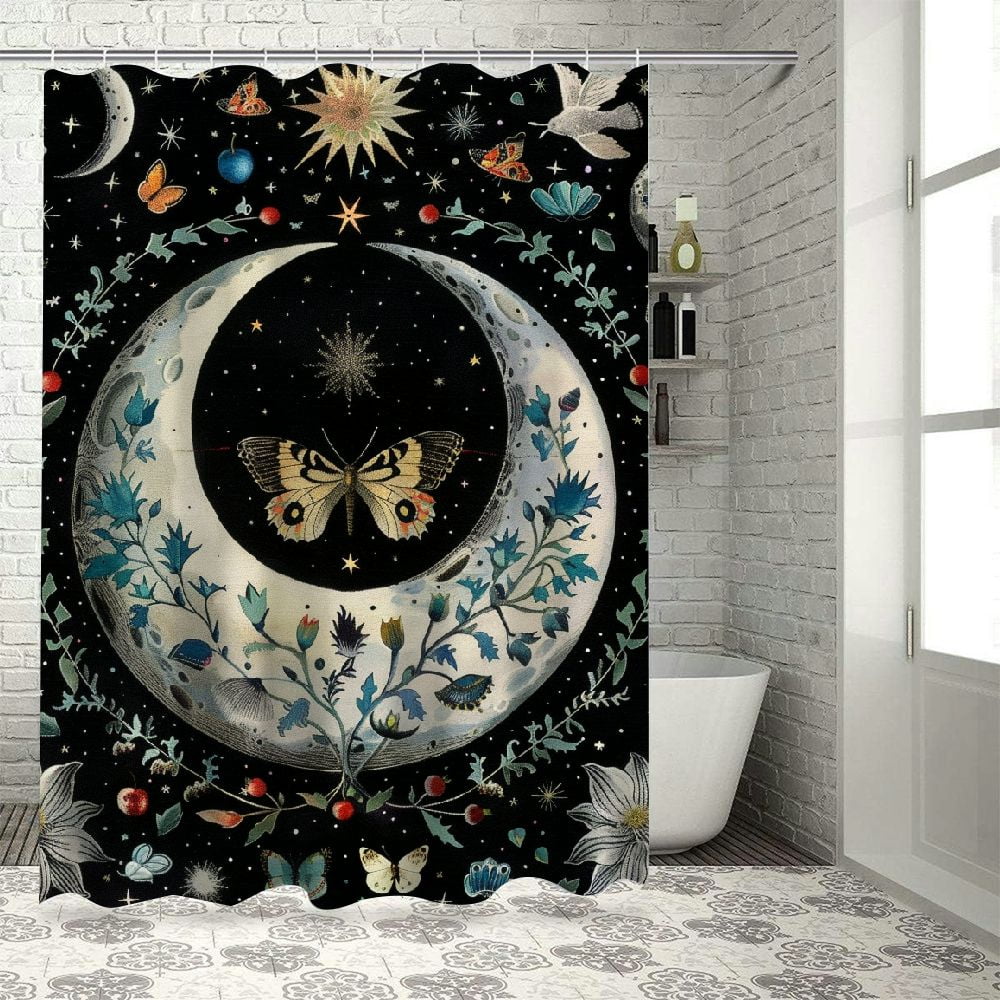 Onetech Moon Phase Shower Curtain Moonlit Flower Boho Floral Butterfly