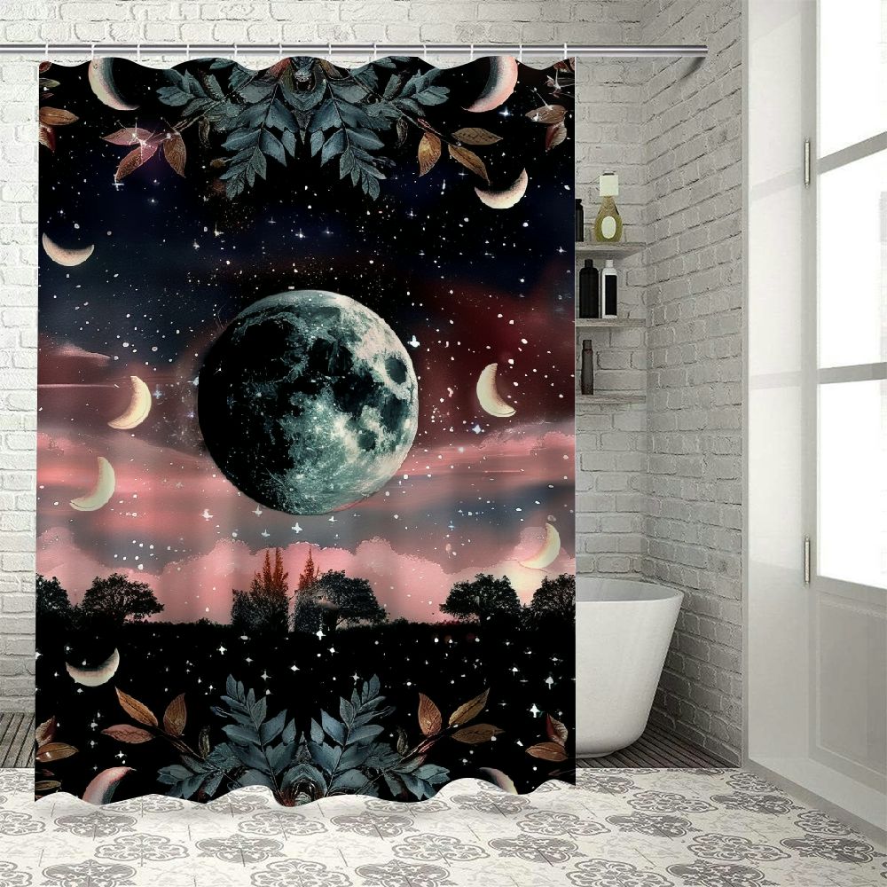 Onetech Moon Phase Shower Curtain Moonlit Garden Boho Floral Starry