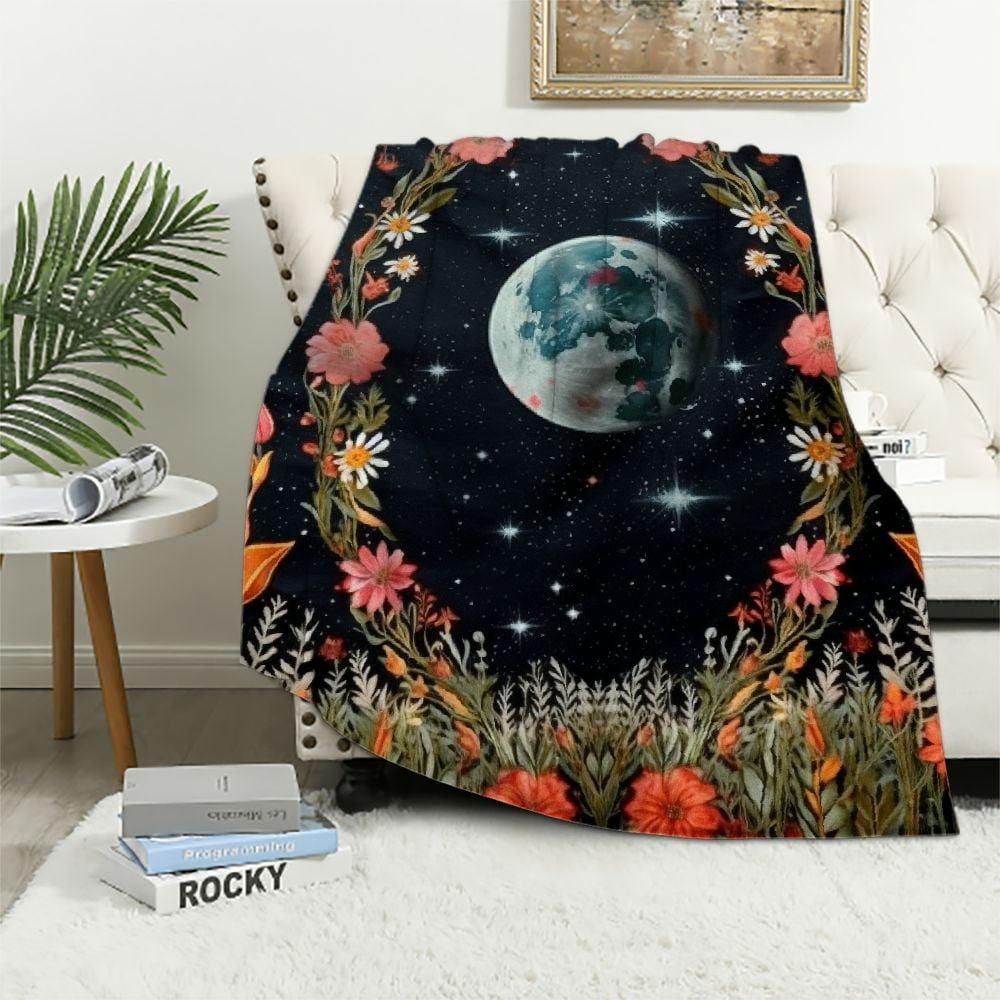 ONETECH Moonlit Garden Throw Blanket, Moon Phase Surrounded Flowers ...