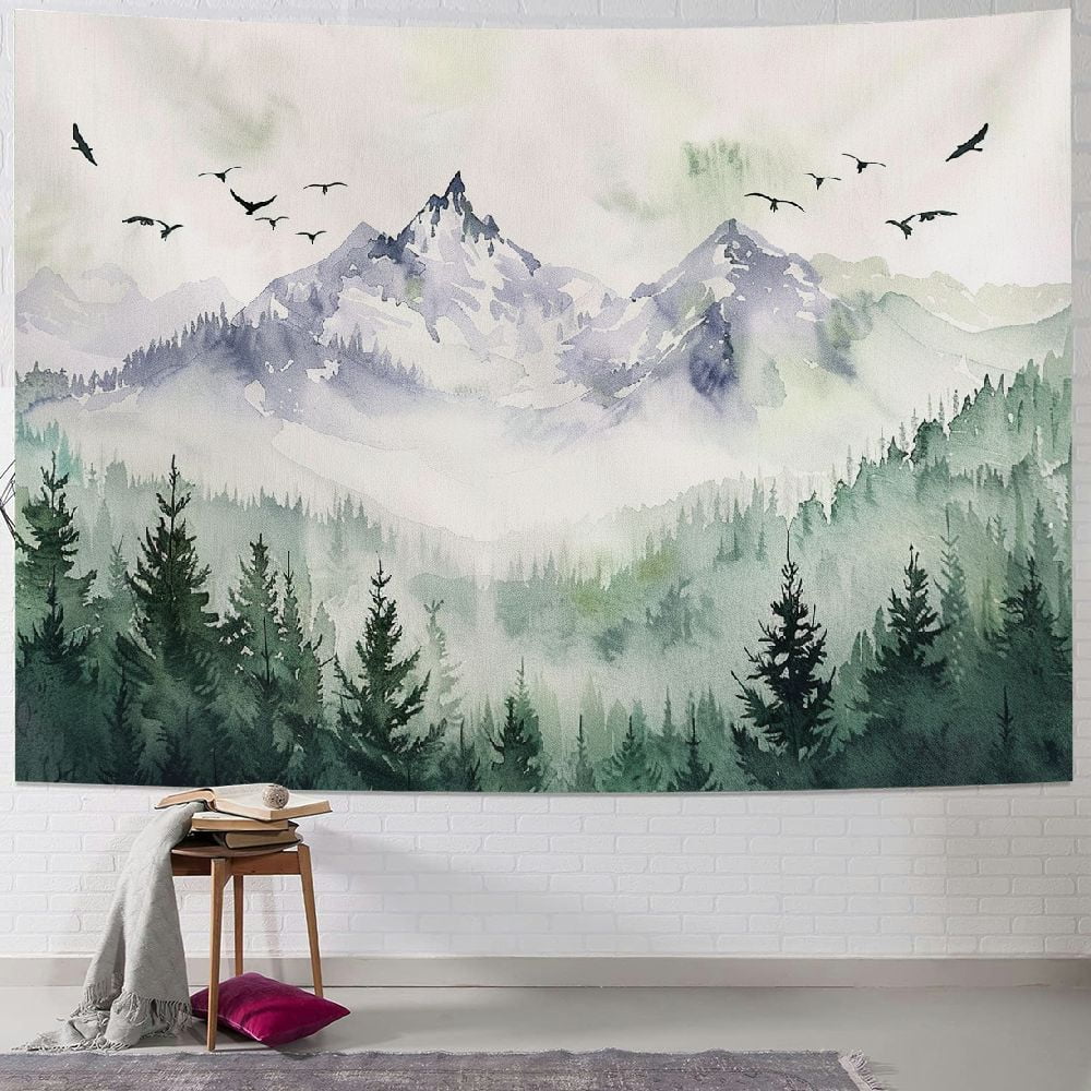 ONETECH Mountain Forest Tapestry, Misty Foggy Sage Green Tree Landscape ...