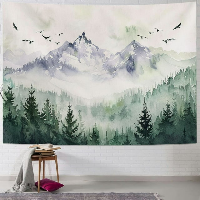 ONETECH Mountain Forest Tapestry, Misty Foggy Sage Green Tree Landscape ...