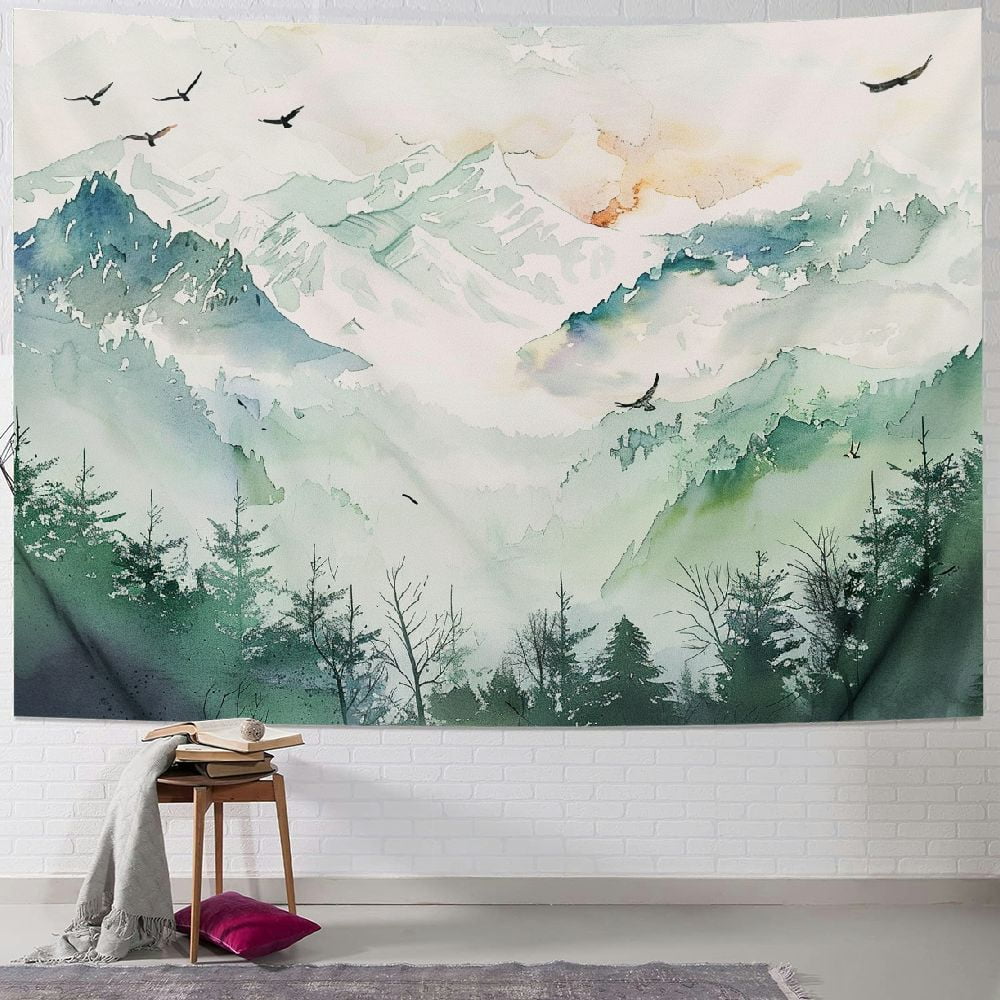 ONETECH Mountain Forest Tapestry, Misty Foggy Sage Green Tree Landscape ...