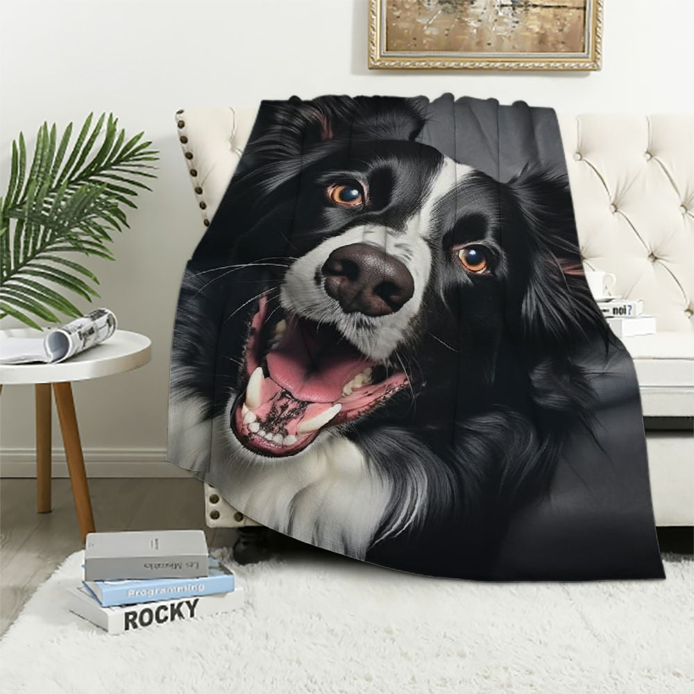 FUMJ Moving Flannel Plush Throw Blanket, Border Collie Smiles Happy Dog ...