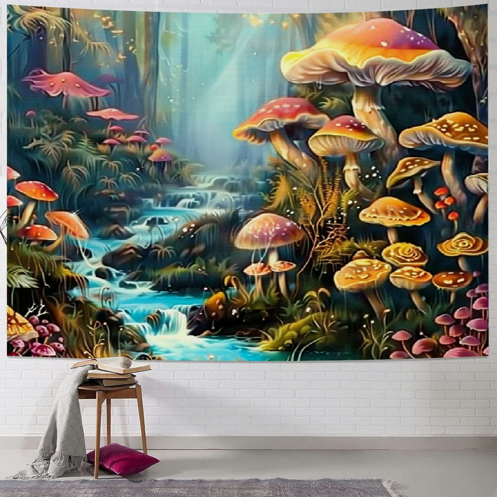 ONETECH Mushroom Tapestry Misty Forest Tree Tapestry Floral Plant Wall ...