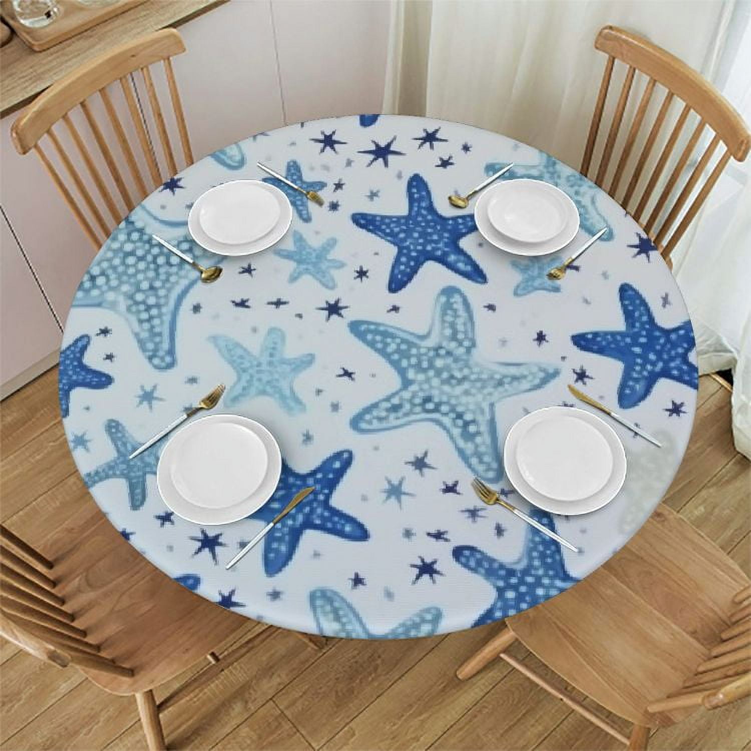 FUMJ Nautical Coastal Tablecloth Round Rustic Blue Ocean Starfish Print ...