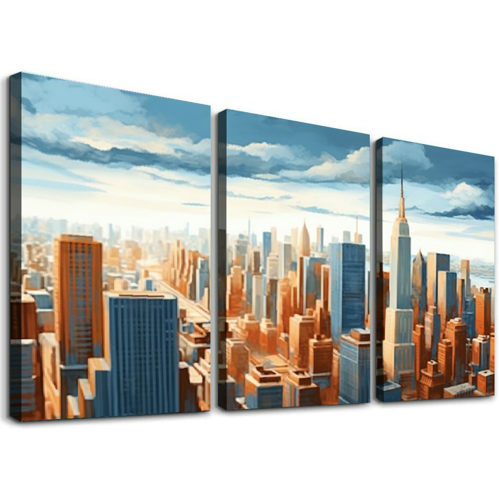 FUMJ New York City Canvas Wall Art Abstract Blue Gold Cityscape ...