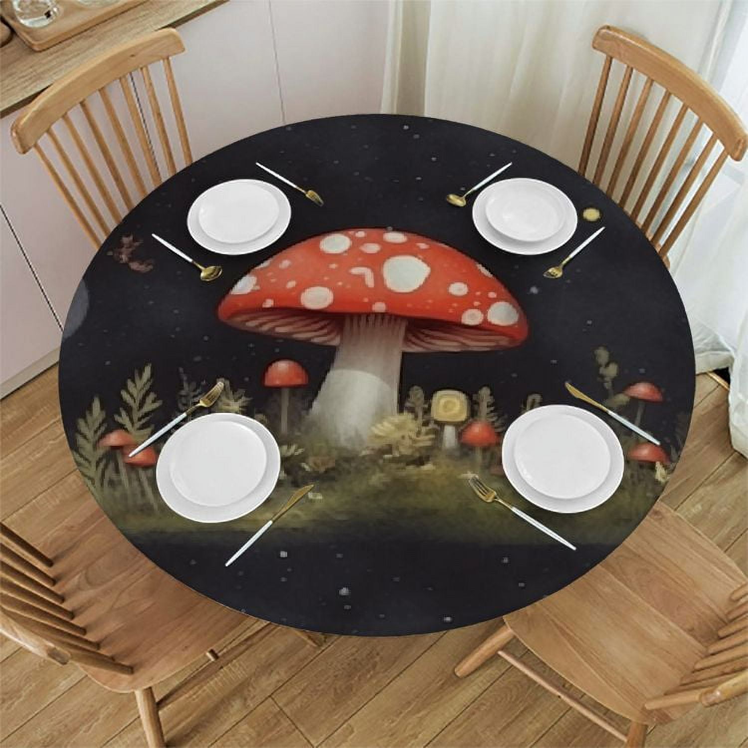 ONETECH Night Moon and Red Mushroom Round Fitted Table Cover for Dining ...