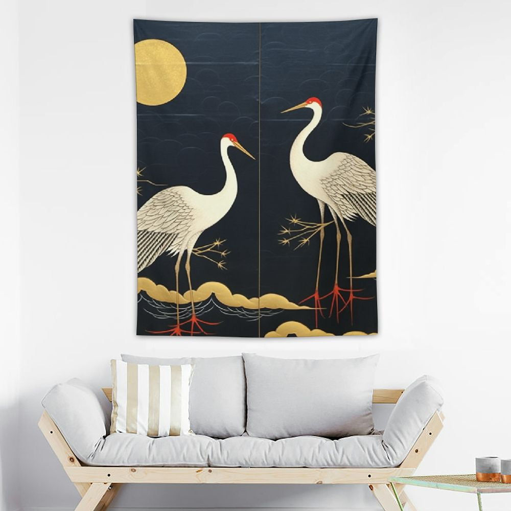 Onetech Noren Doorway Curtain Japanese Style Cranes Waves Gold Full