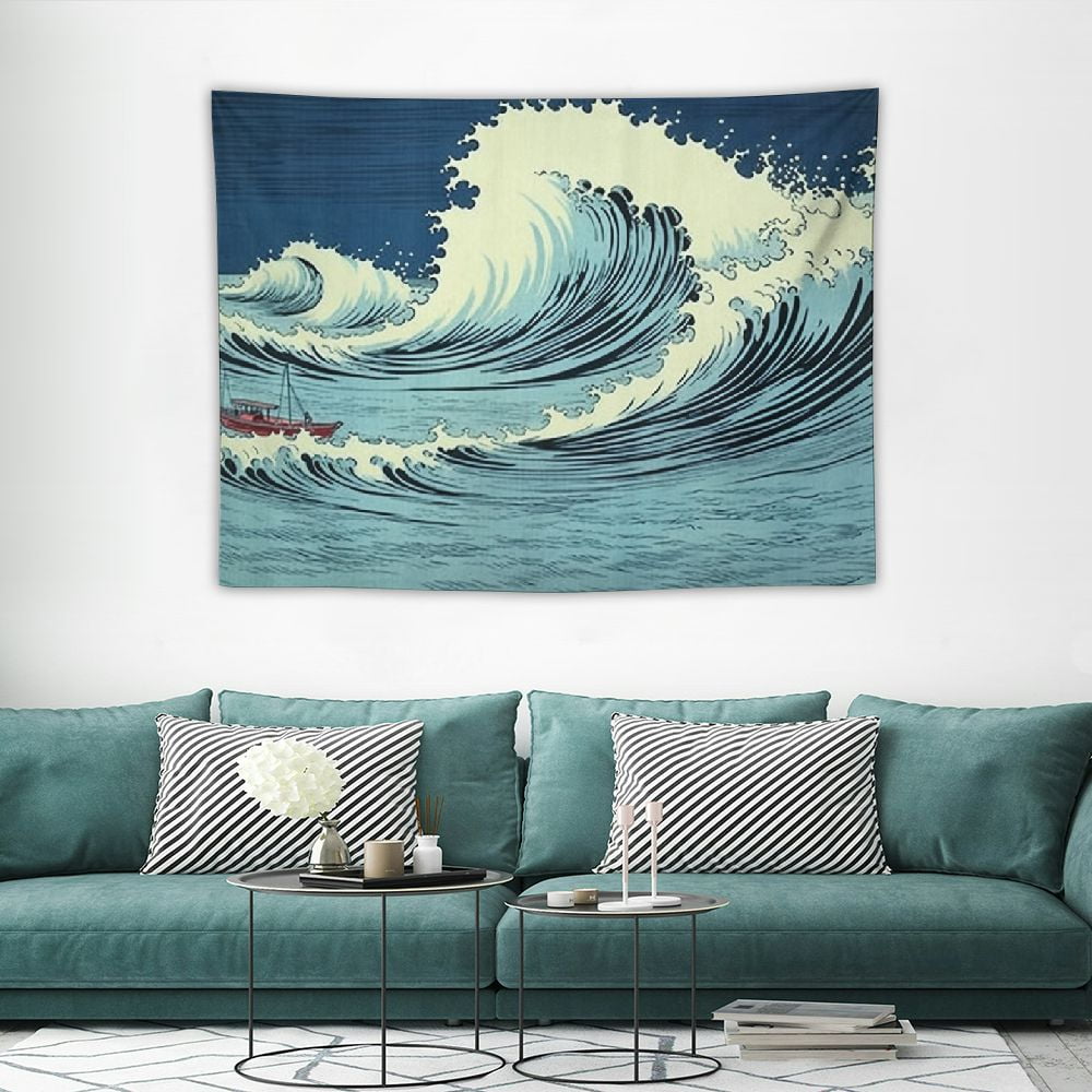 ONETECH Ocean Tapestry Wall Hanging Blue Watercolor Ocean Wave Wall Art ...