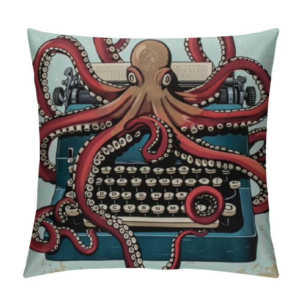 ONETECH Octopus Pillow Cover,Cartoon Typewriter with Octopus Tentacles ...
