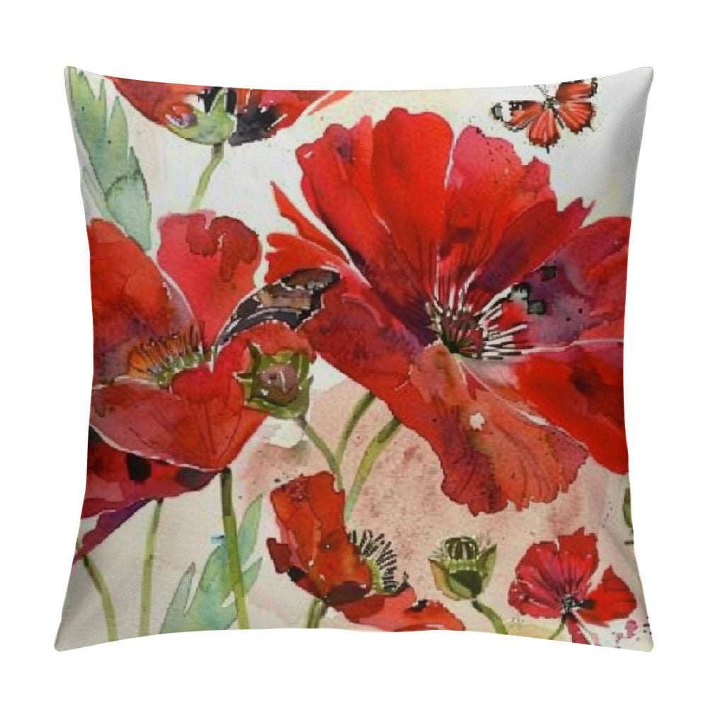FUMJ Oil Painting Red Poppy Flowers Throw Pillow Covers Butterfly ...