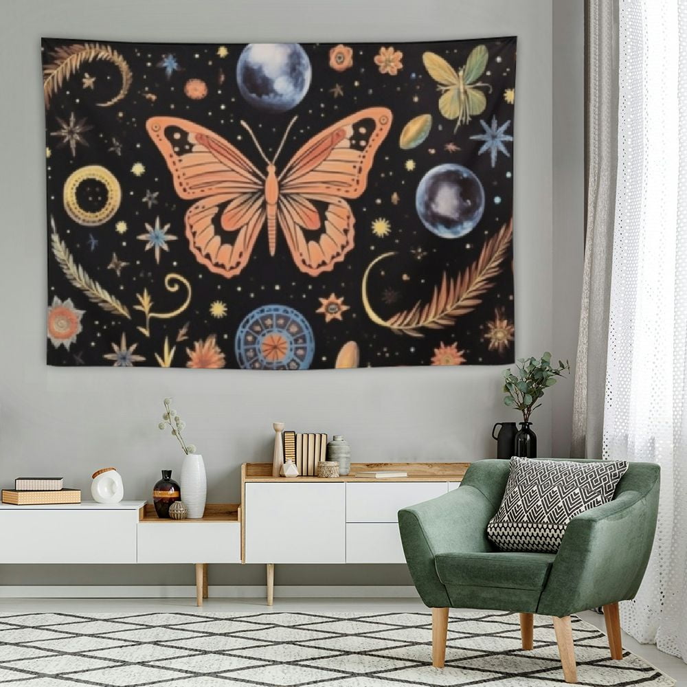 ONETECH Orange Butterfly Moon Flower Boho Floral Plant Tapestries for ...