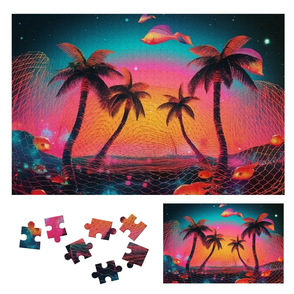 ONETECH Palm Trees Neon Sun Fish Net Wooden Puzzle Challenging ...