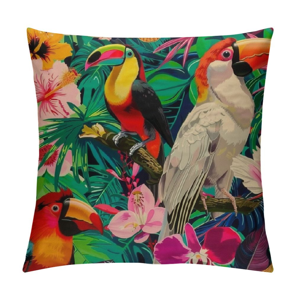 ONETECH Parrot Pillow Covers Decorative Tropical Bird Toucan Leaves and ...