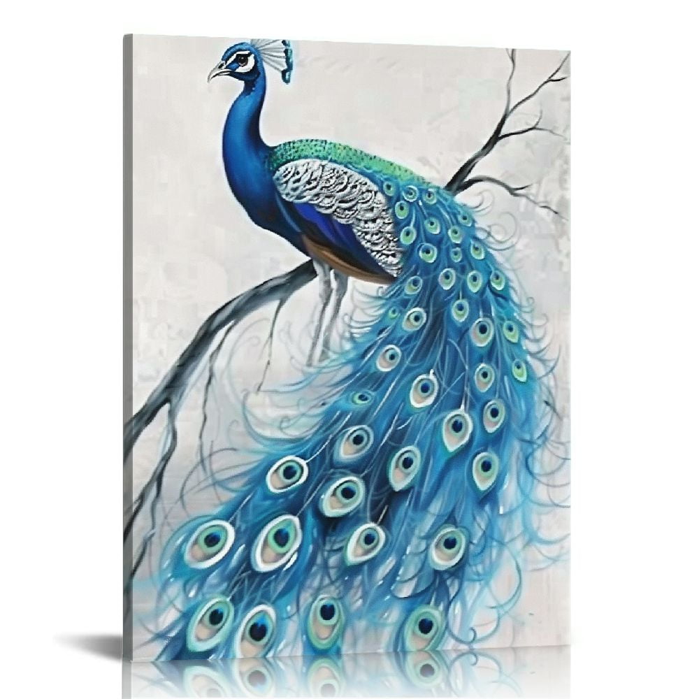 ONETECH Peacock Canvas Wall Art Abstract Animal Peacock Feather Blue and Gold Artwork for ...
