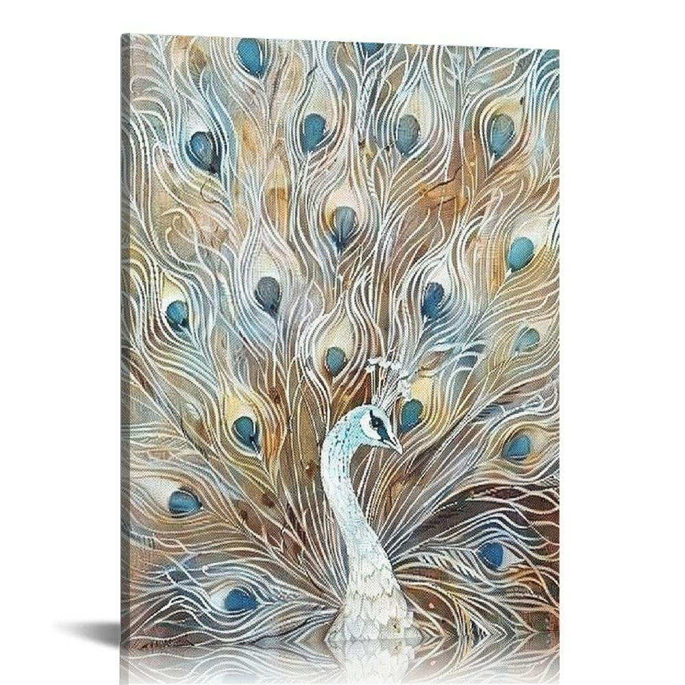 ONETECH Peacock Canvas Wall Art Vintage Blue and White Peacock Feather ...