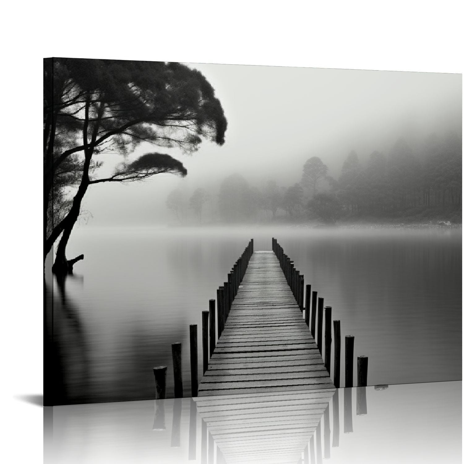 ONETECH Pier In A Lake Canvas Wall Art, Gray Canvas Prints Modern Minimalist Black and White ...