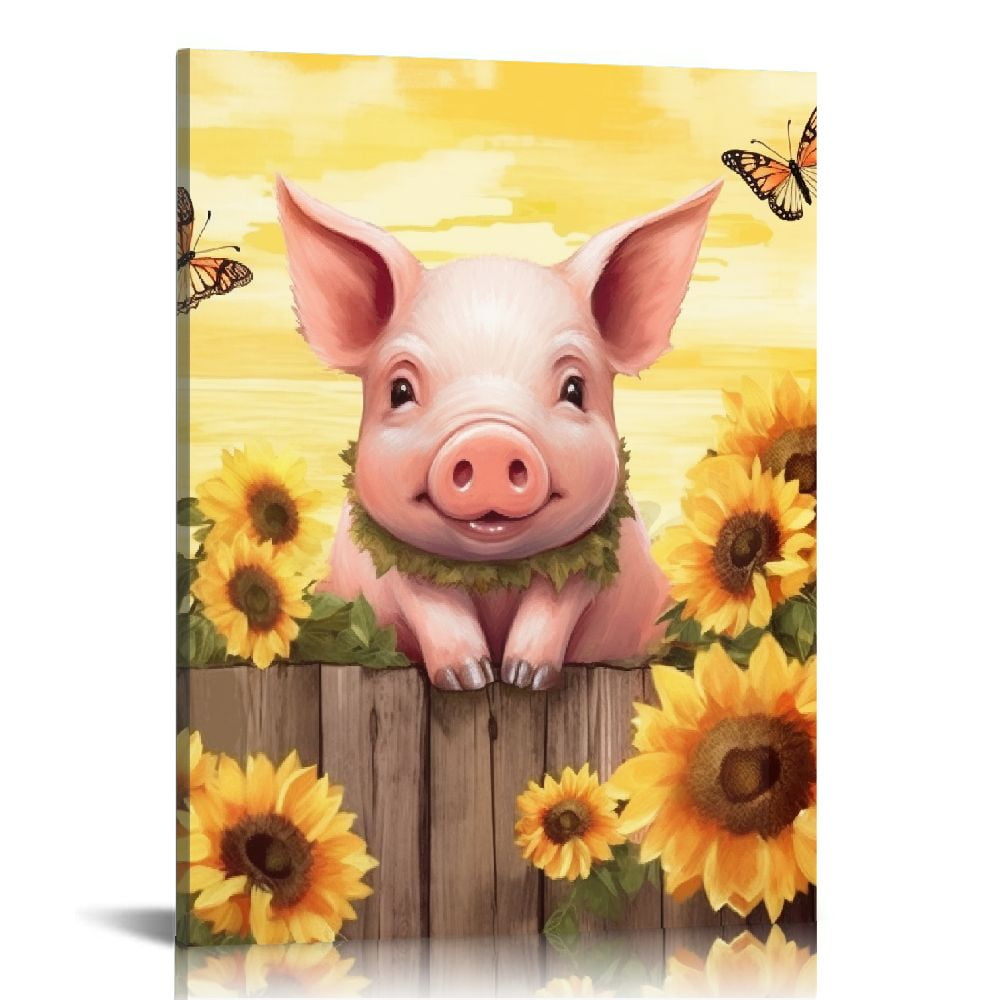 ONETECH Pig Sunflower Wall Art, Cute Pig and Sunflowers with Butterfly ...