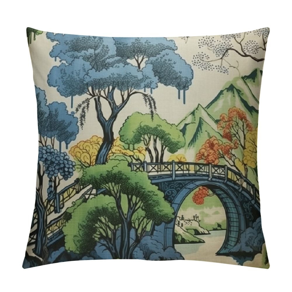 ONETECH Pillow Cover Asian Scenic Blue and Green Throw Pillow Covers ...