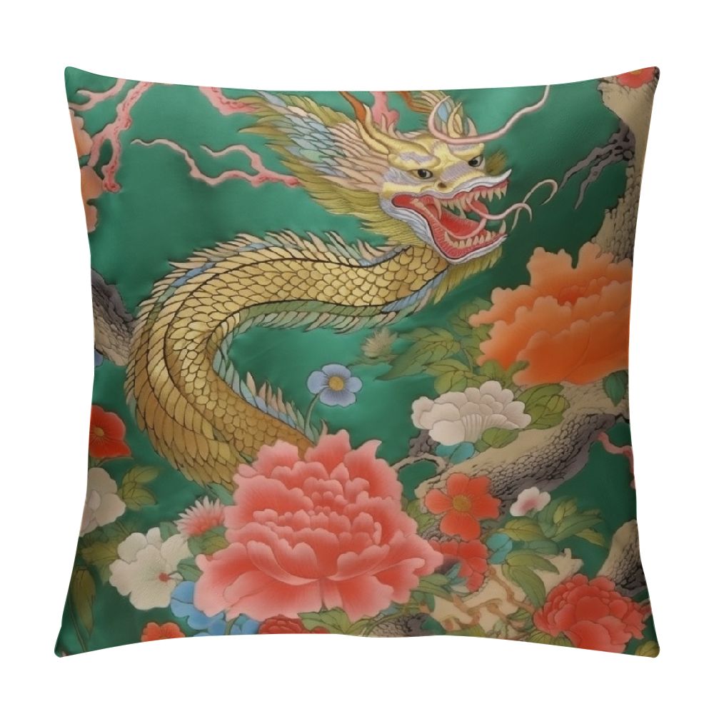 ONETECH Pillow Covers Green Pink Dragon Floral Throw Pillow Covers ...
