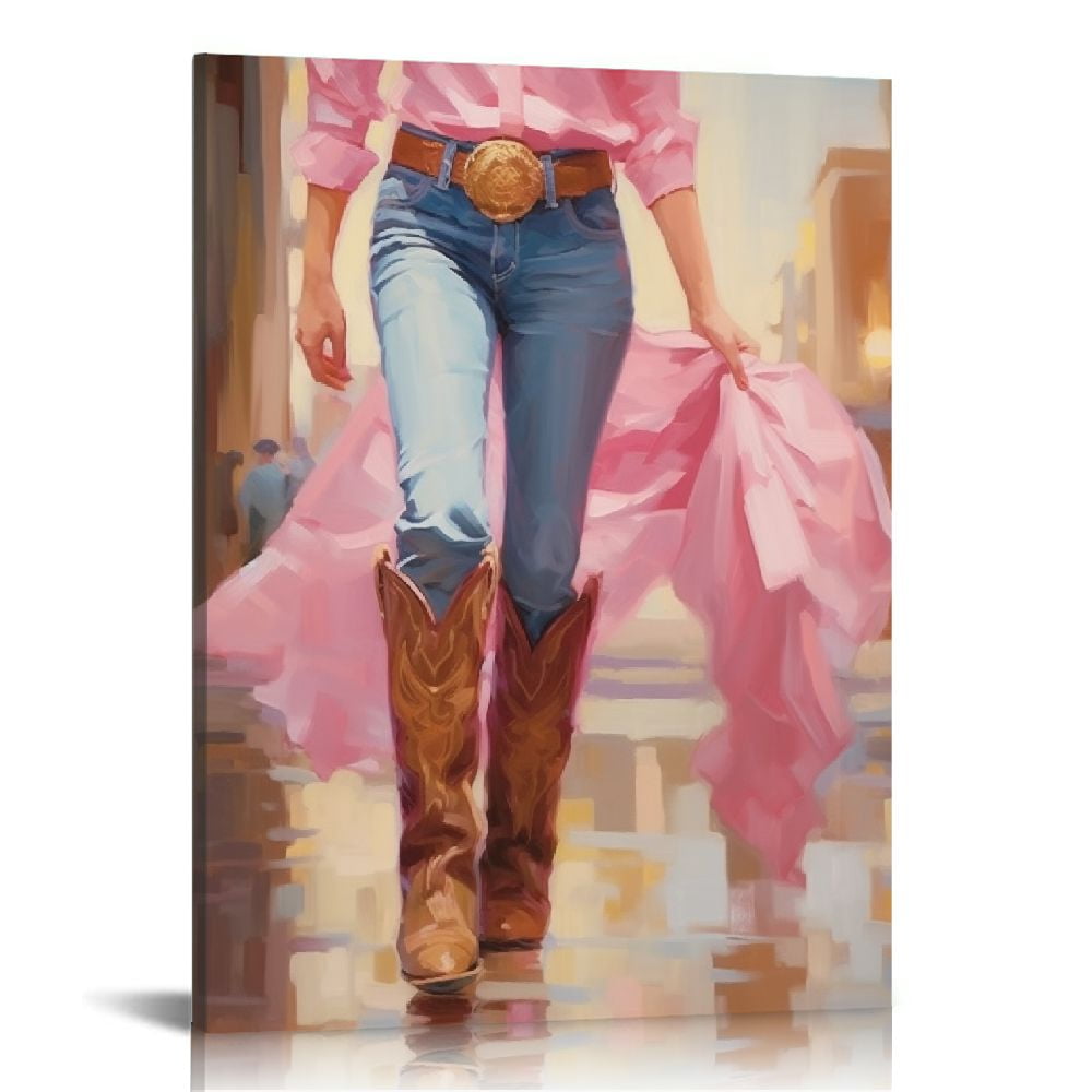 ONETECH Pink Canvas Wall Art Cowboy Boots Art Print Western Cowgirl ...