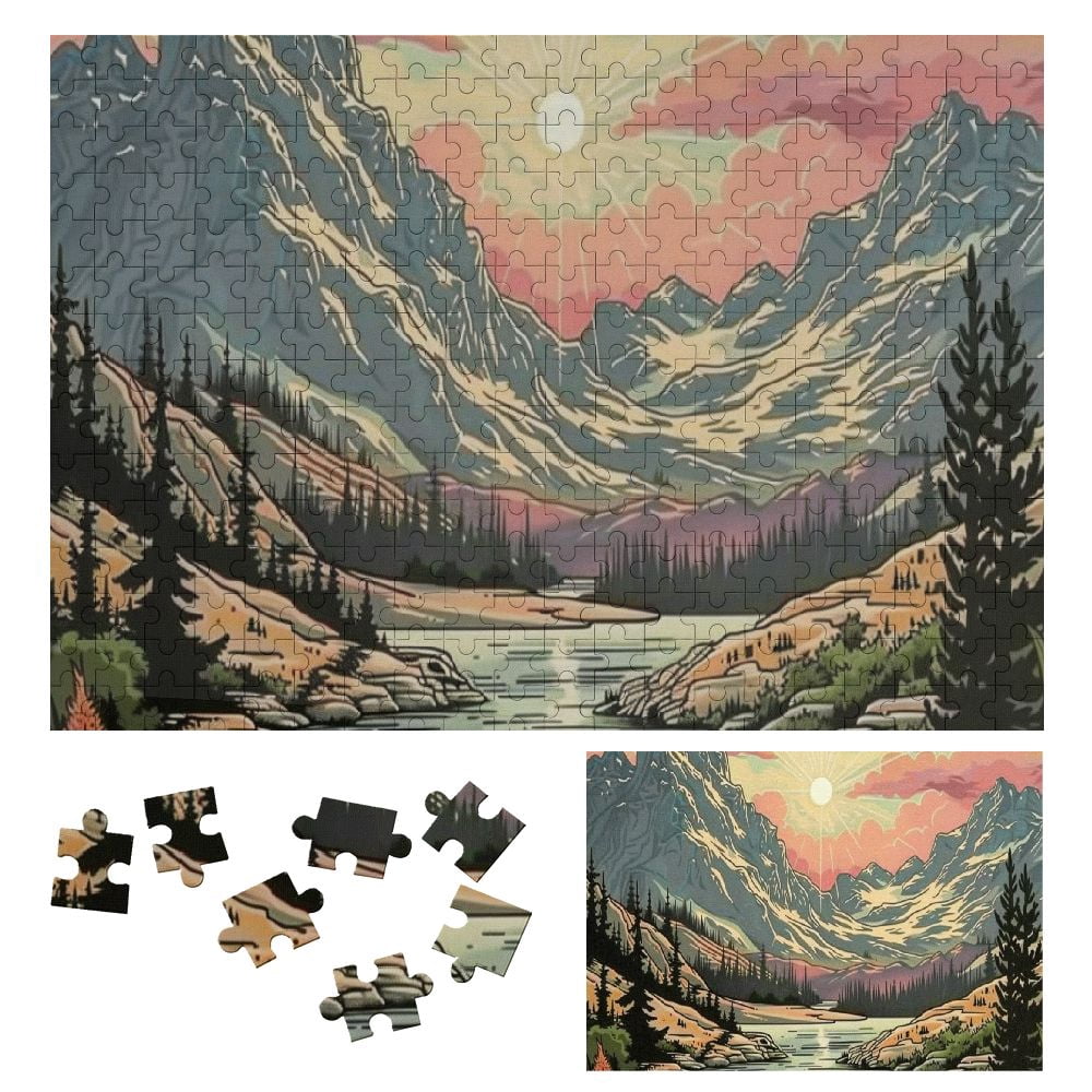 ONETECH Pink Clouds Mountain Sunrise Sun Botanical Floral Wooden Jigsaw ...