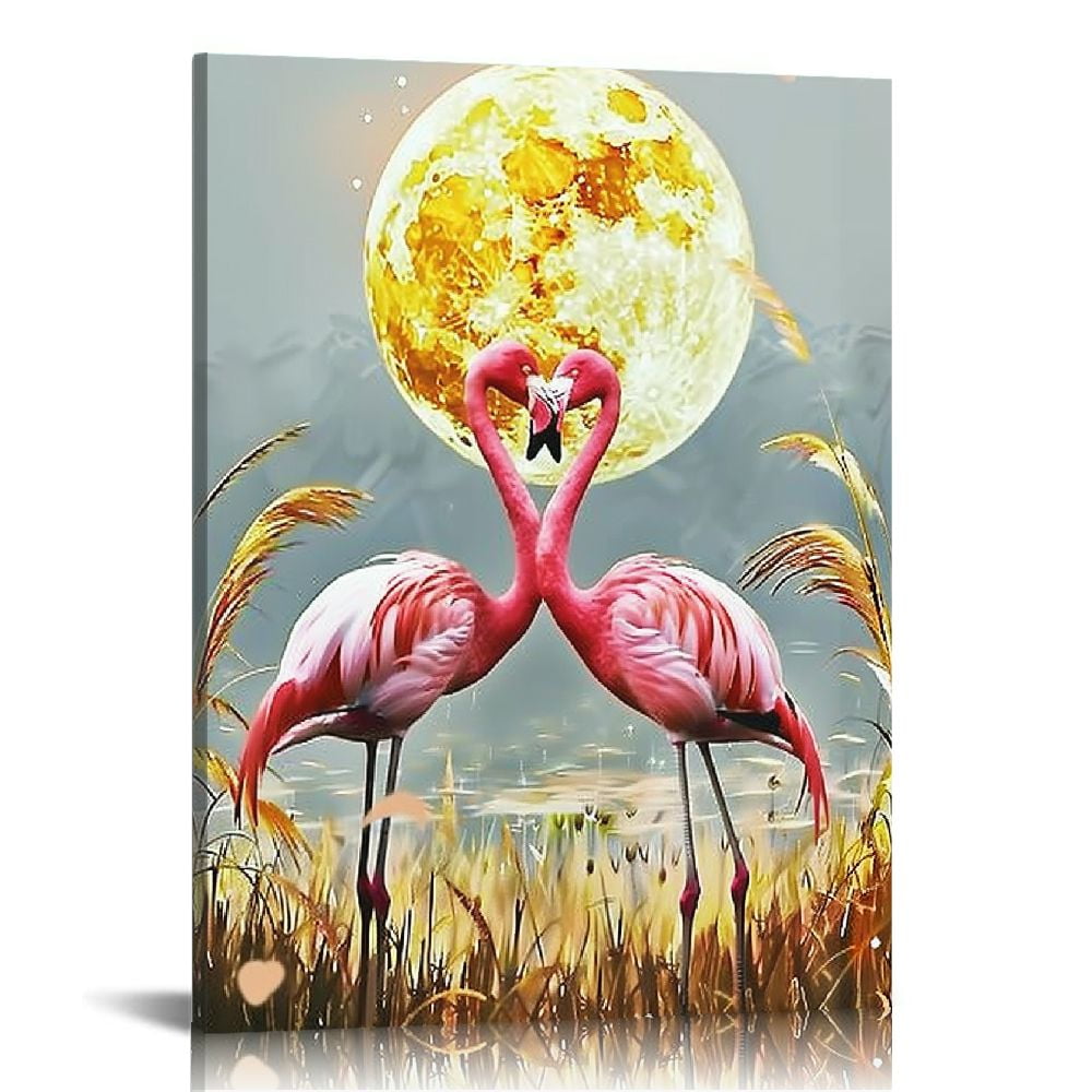 ONETECH Pink Flamingo Wall Art Love Birds with Full Moon Pictures ...