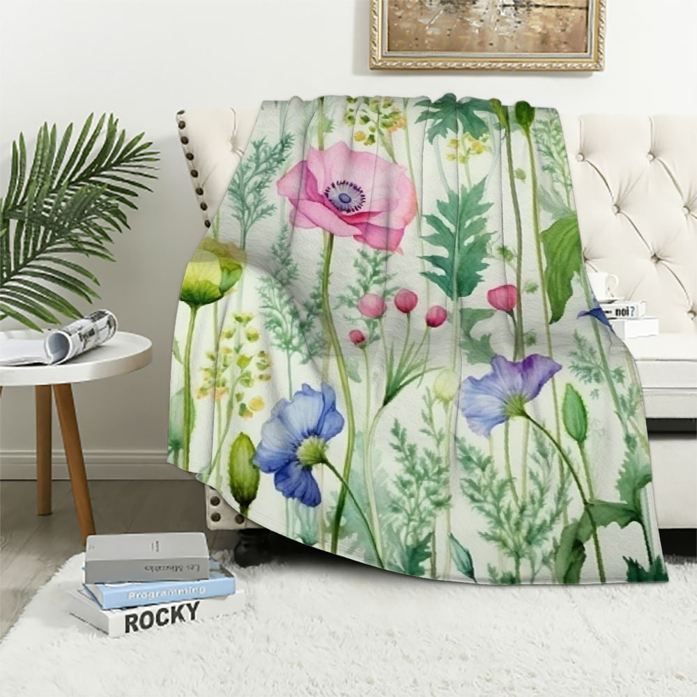 ONETECH Pink Poppy Sherpa Blanket Poppy Floral Throw Blanket for Sofa ...