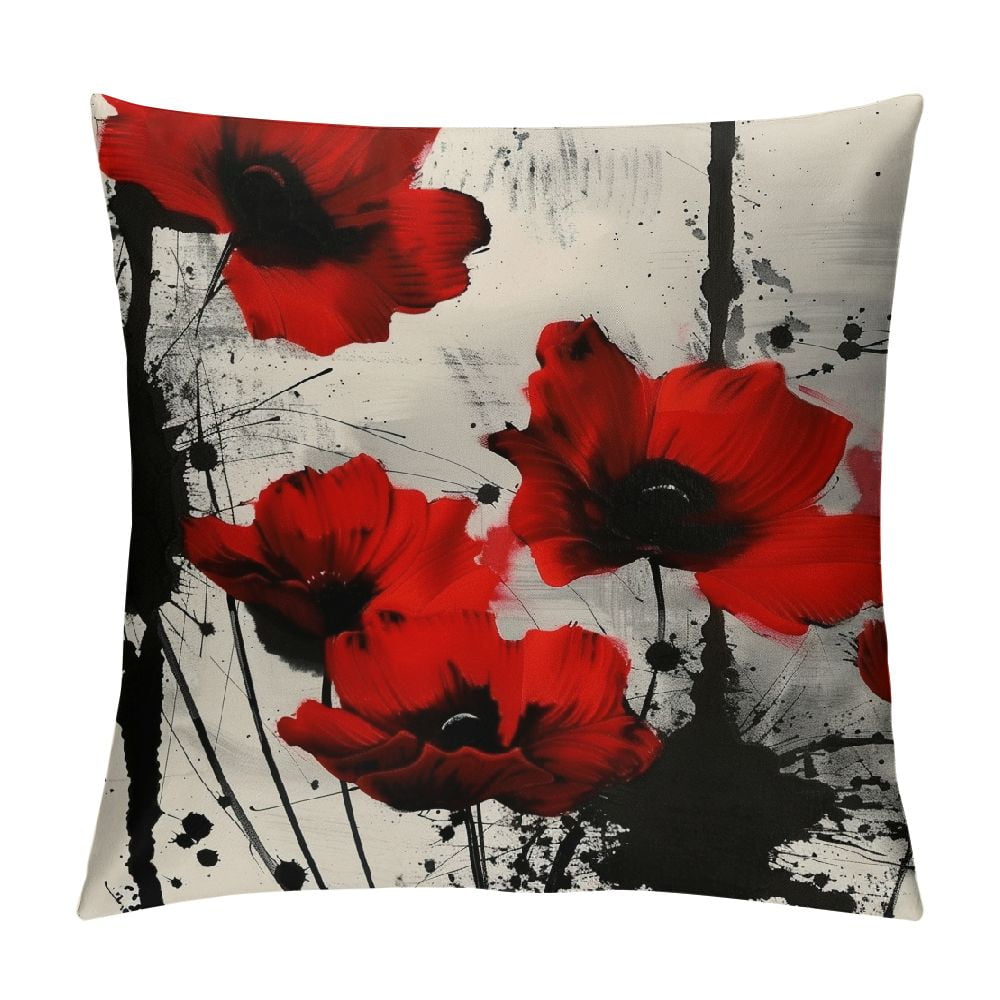 ONETECH Poppy Flower Pillow Case,Vintage Red Poppy Flower Cotton Linen ...