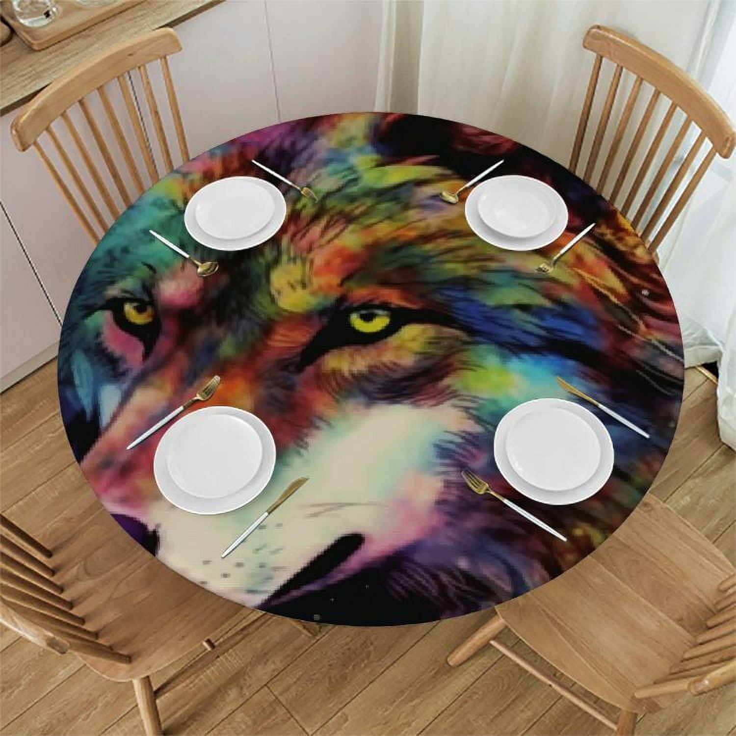 ONETECH Portrait Pattern of Wolves Round Fitted Table Cover with ...