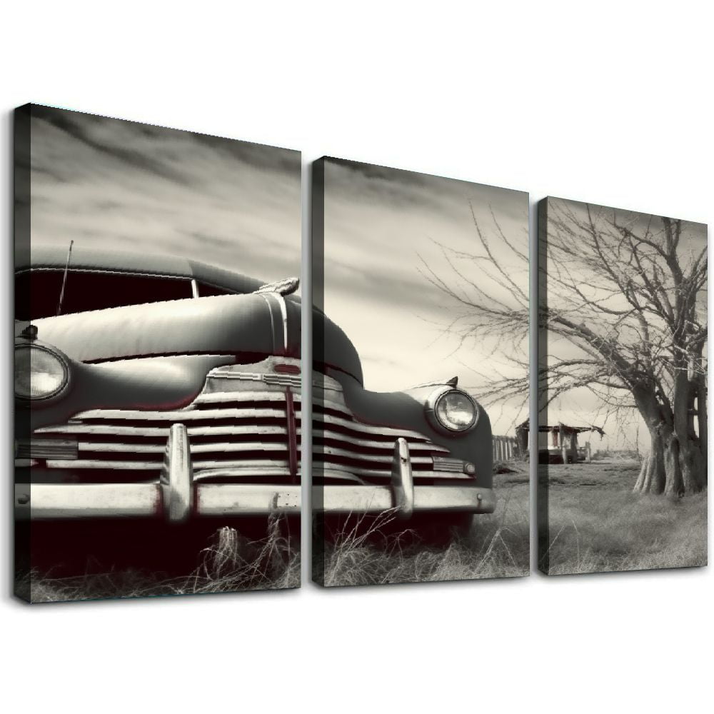 ONETECH Posters Abandoned Car Wall Art Black And White Wall Art Vintage ...