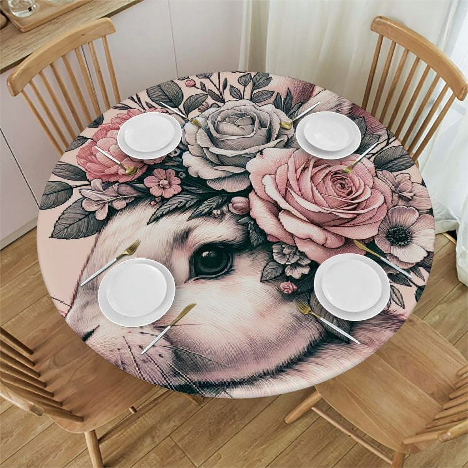 ONETECH Rabbit Floral Arrangement Round Table Cover 100% Polyester with ...