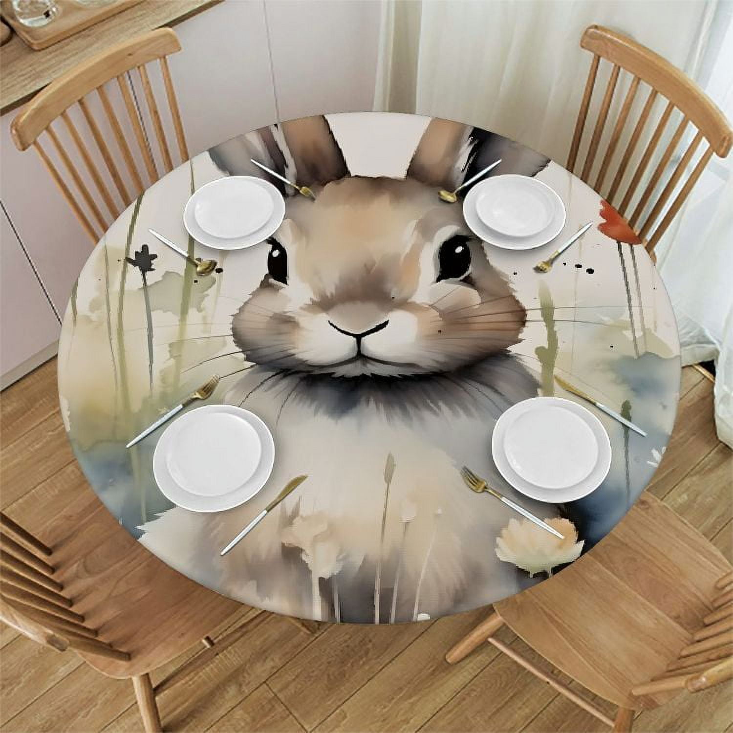 ONETECH Rabbit Flowers Grass Round Table Cover 100% Polyester for ...